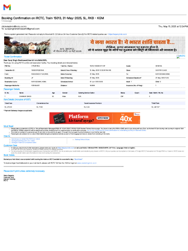 Gmail - Booking Confirmation | PDF | Service Industries