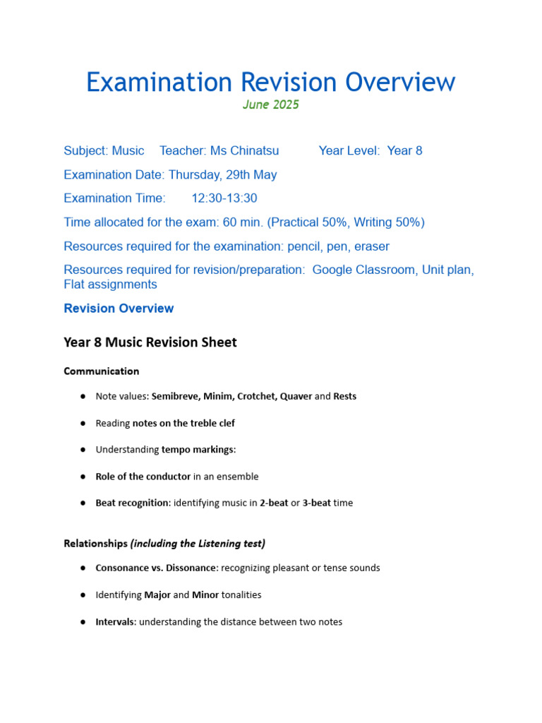Year 8 Music Exam Revision Guide | PDF