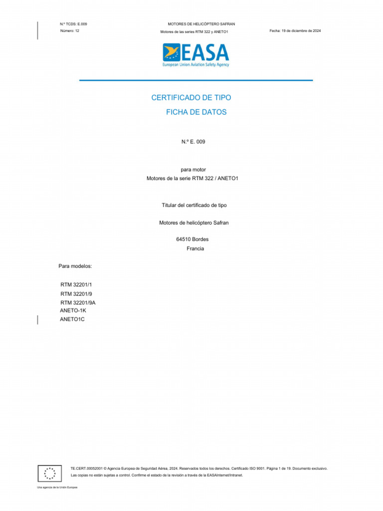 EASA_E_009_TCDS__RTM_322_issue_12 | PDF | Poder (Física) | Ingeniería ...