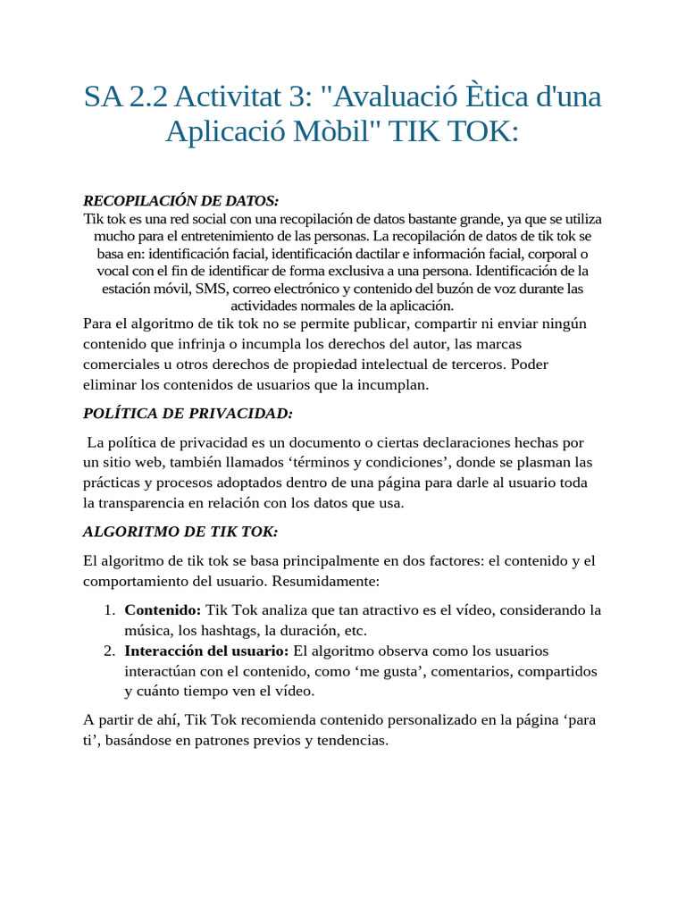 SA 2.2 Activitat 3 AvaluaciÃ Ã Tica Duna AplicaciÃ MÃ Bil | PDF