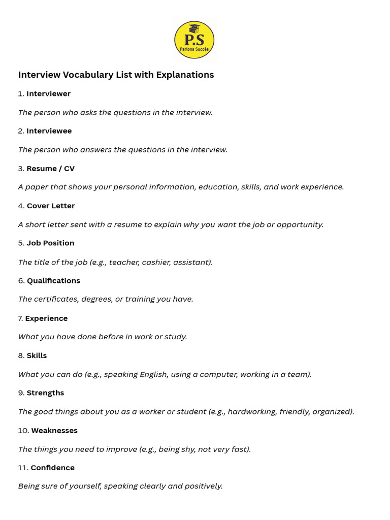 Interview Vocabulary List with Explanations | PDF