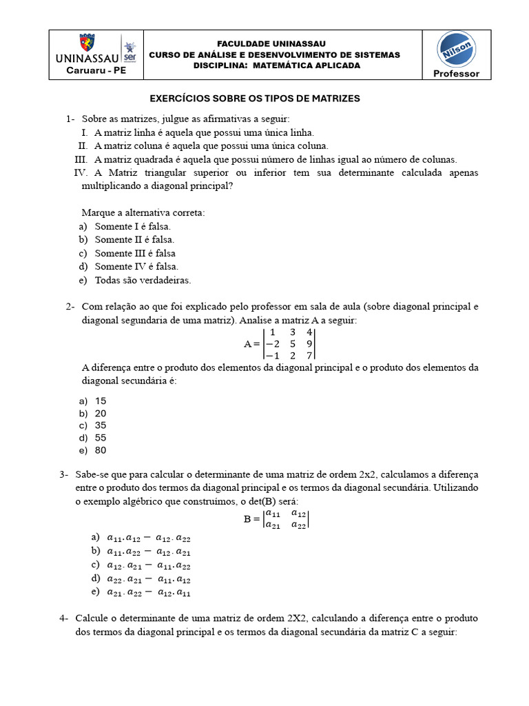 Tipos de Matrizes - Exercícios 2025 | PDF | Matriz (Matemática ...