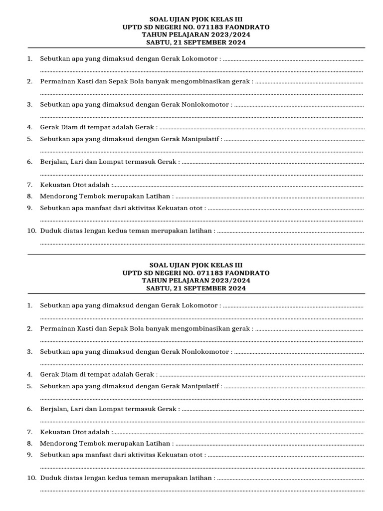 SOAL UJIAN PJOK KELAS III UTS SEMESTER 1 | PDF