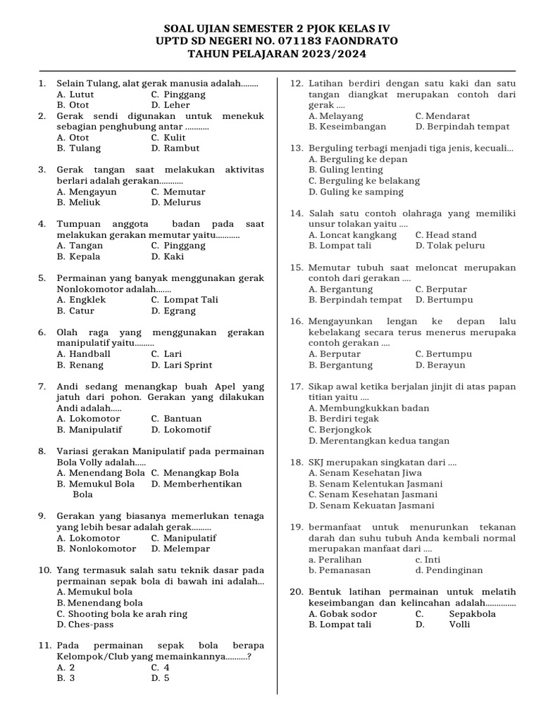 Soal Ujian Pjok Kelas IV Semester 2 | PDF