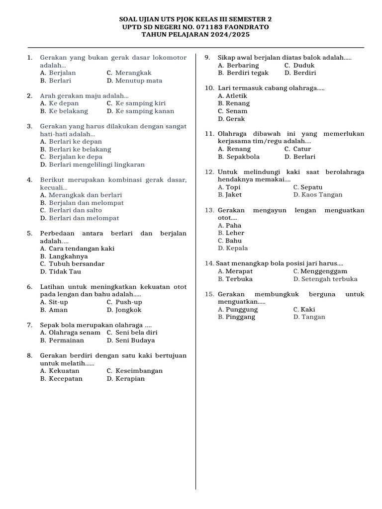 SOAL UJIAN UTS PJOK KELAS III SEMESTER 2 | PDF
