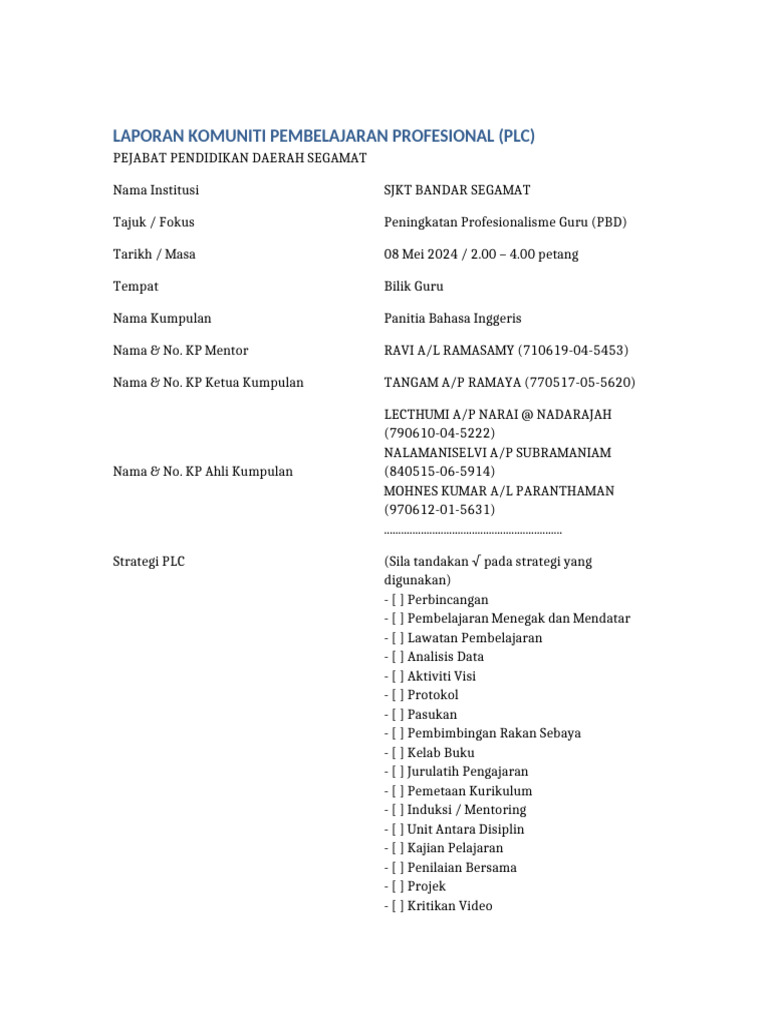 Laporan PLC Bahasa Inggeris PBD 2 2024 | PDF
