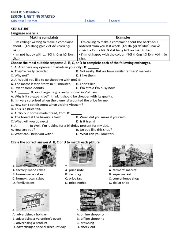 G8 Unit 8 Lesson 1 (NO KEYS) | PDF | Supermarket | Business Process