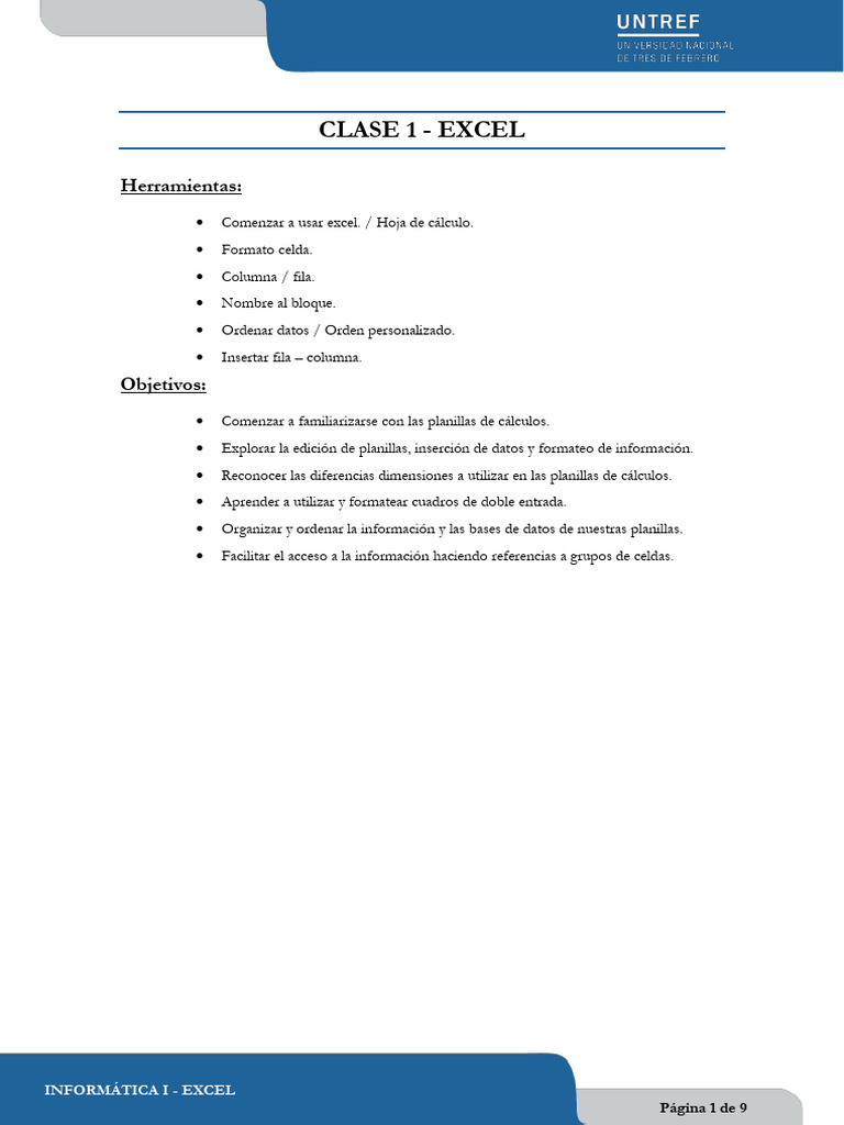 Info I - Clase 1 - Excel | PDF | Hoja de cálculo | Microsoft Excel