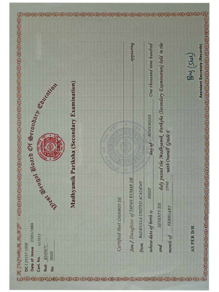 Chinmoy de 10th Certificate | PDF