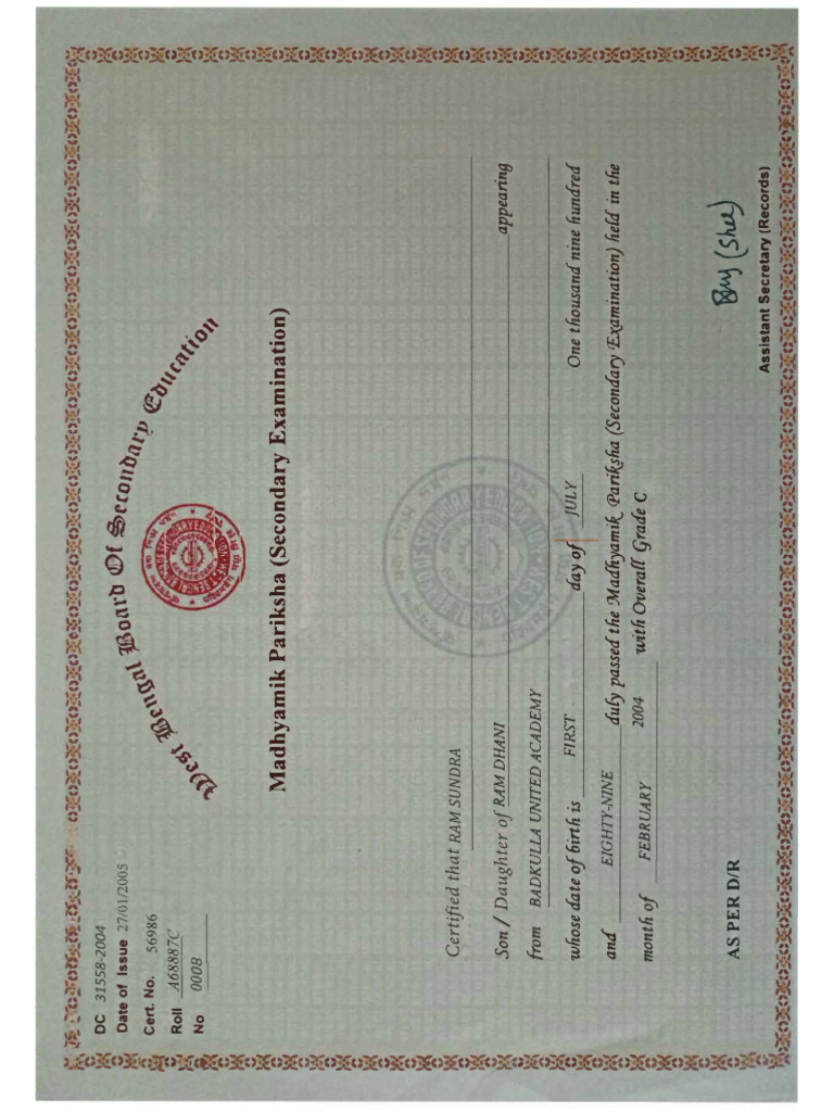 Ram Sundra 10th Certificate | PDF