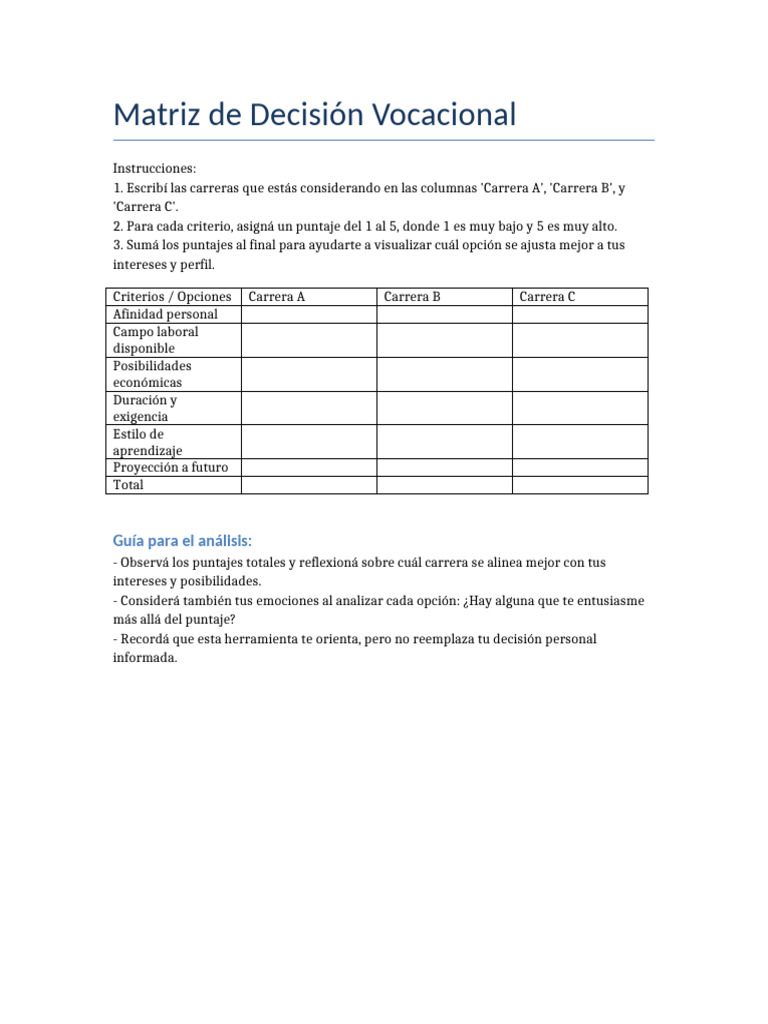 Matriz de Decision Vocacional | PDF