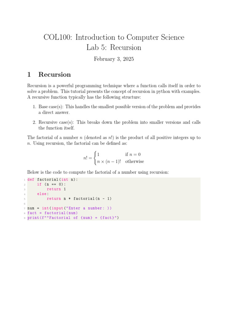 2024 25 COL100 Lab 5 Recursion | PDF | Discrete Mathematics | Number Theory