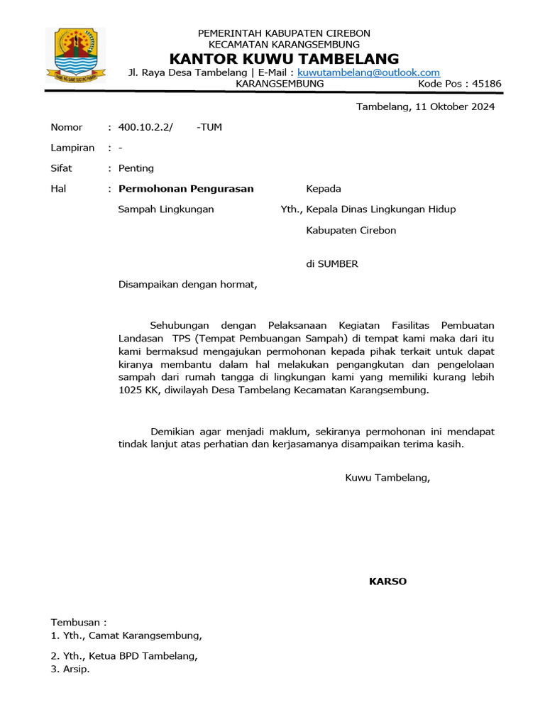 Surat Kuwu - Surat Permohonan Pengangkutan Sampah LH | PDF