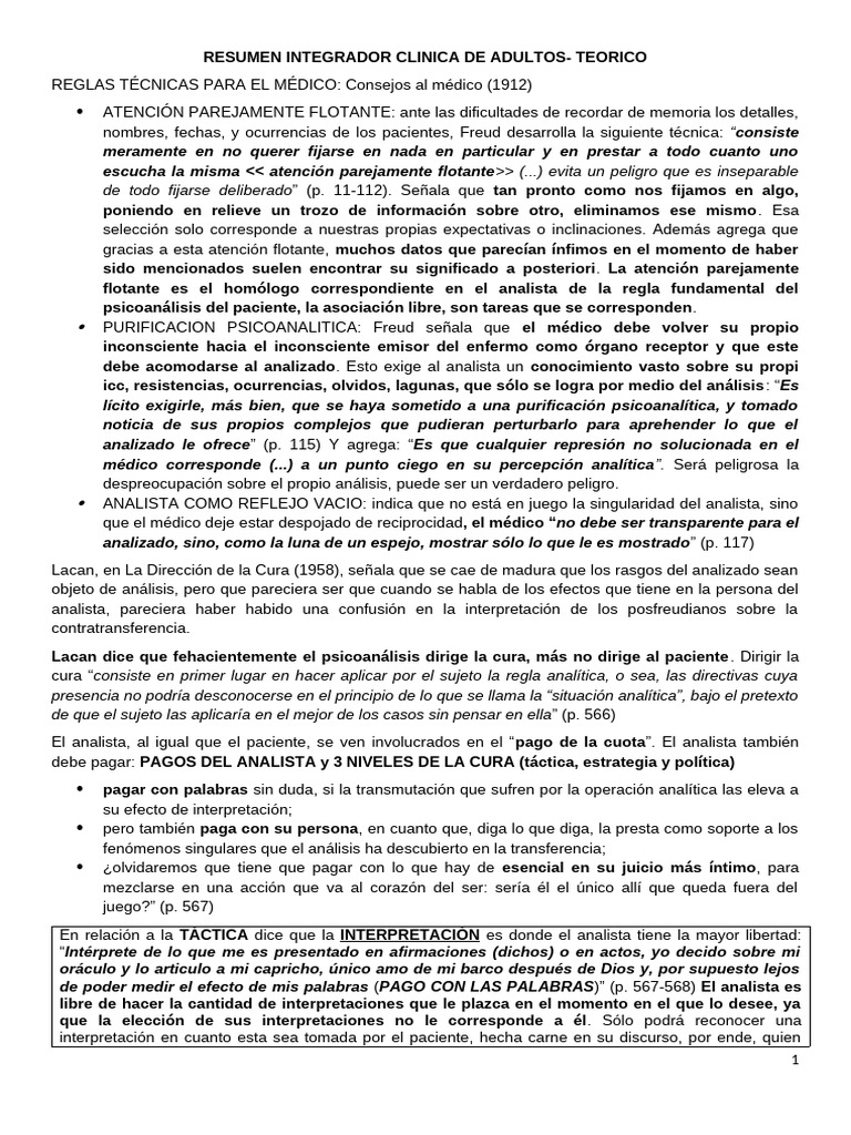Resumen Integrador Clinica de Adultos Final | PDF | Jacques Lacan | Psicoanálisis