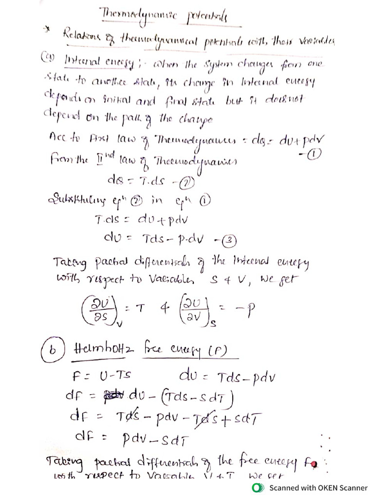 Relations of Thermodynamical Potentials With Their Variables | PDF