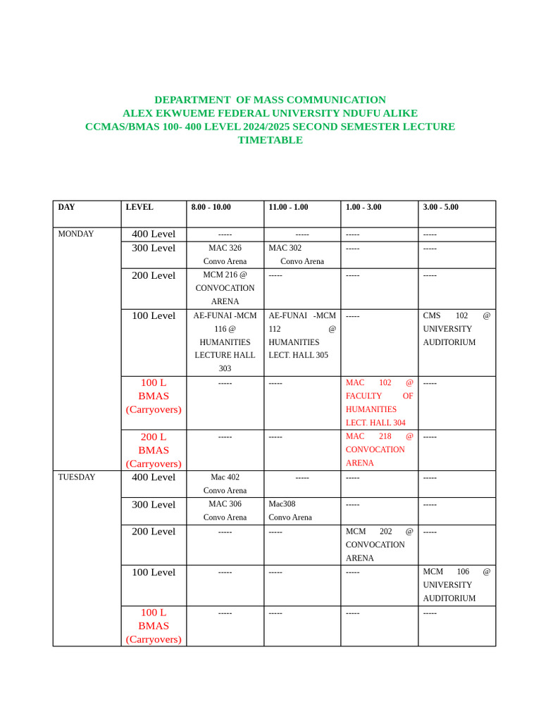 100 - 400 Level 2024 2025 Second Semester Lecture Timetable | PDF