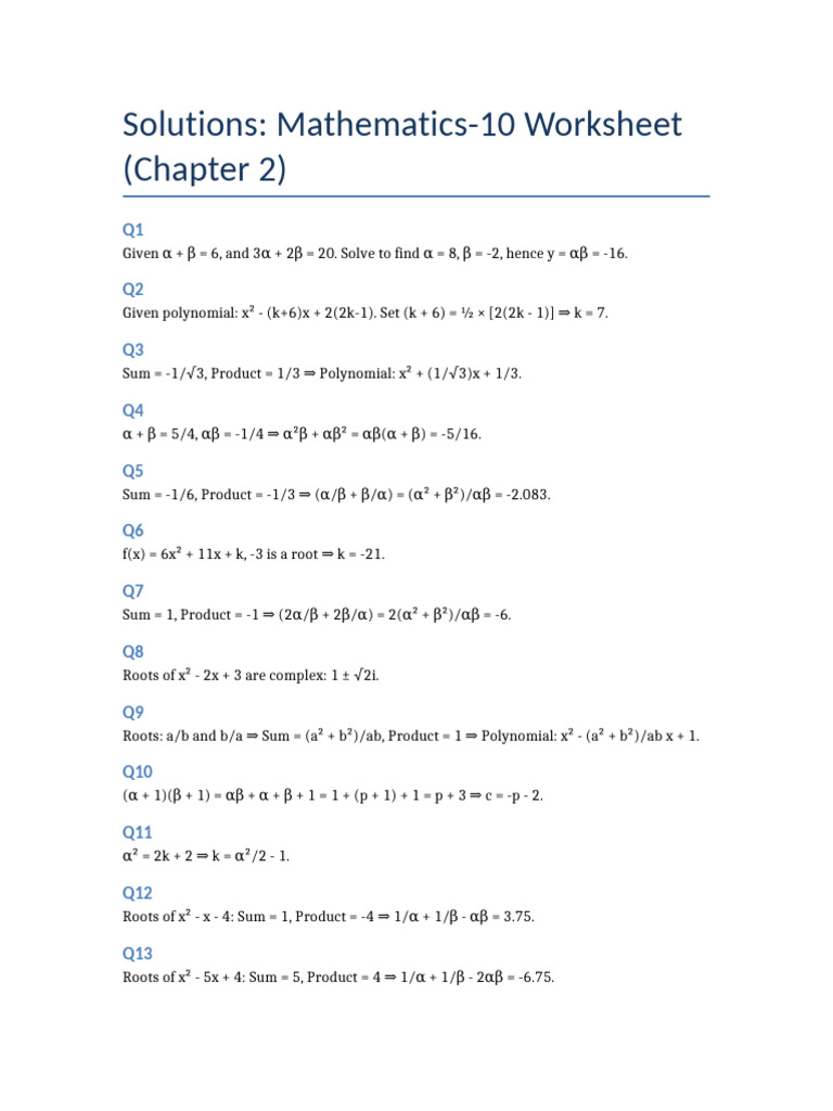 Maths_10_Worksheet_Chapter2_Solutions | PDF