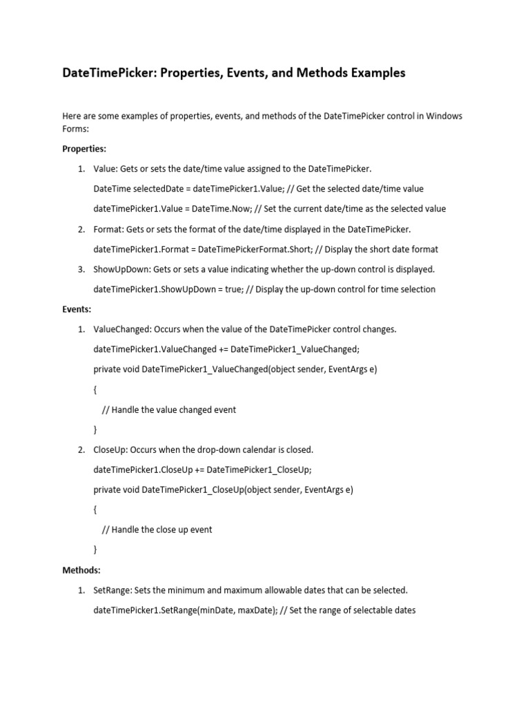 DateTimePicker Properties | PDF | Computing | Computer Programming