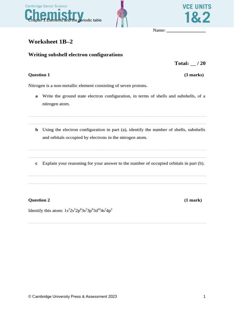 Worksheet 1B-2: Writing Subshell Electron Configurations Total: / 20 ...
