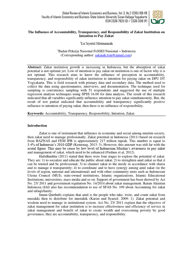 (2015) The Influence of Accountability, Transparency, and Responsibility of Zakat Institution on ...