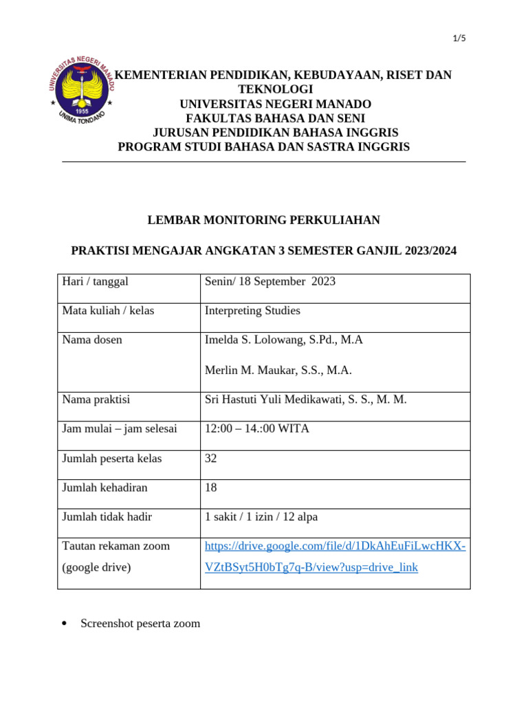 1 LEMBAR MONITORING PERKULIAHAN PM Interpreting Studies YM ISL MMM 18 Sep 23 (2) | PDF