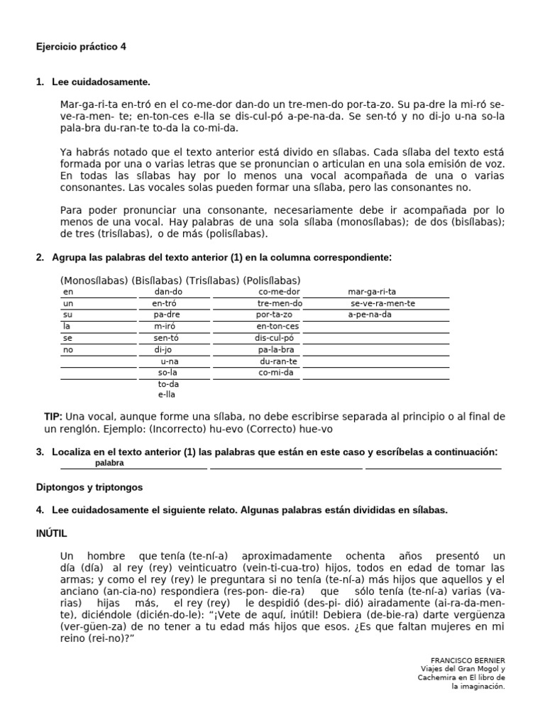 Ejercicio de Sílaba y Diptongos en Español | PDF | Sílaba | Vocal