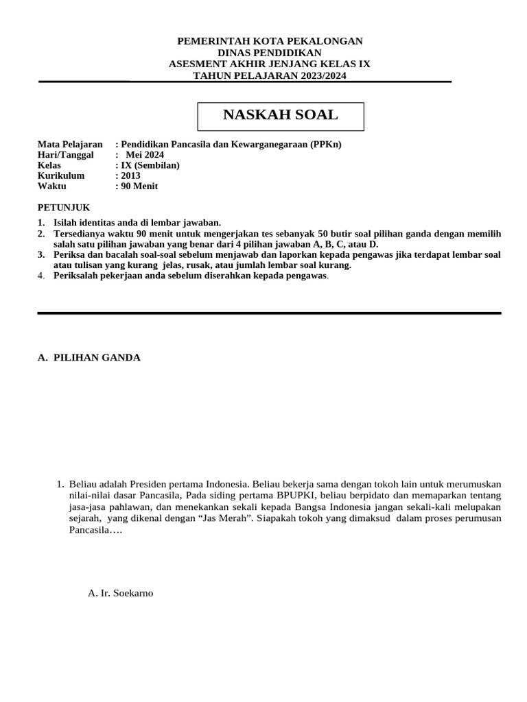 Soal Saj PPKN Kls 9 THN 2024 | PDF