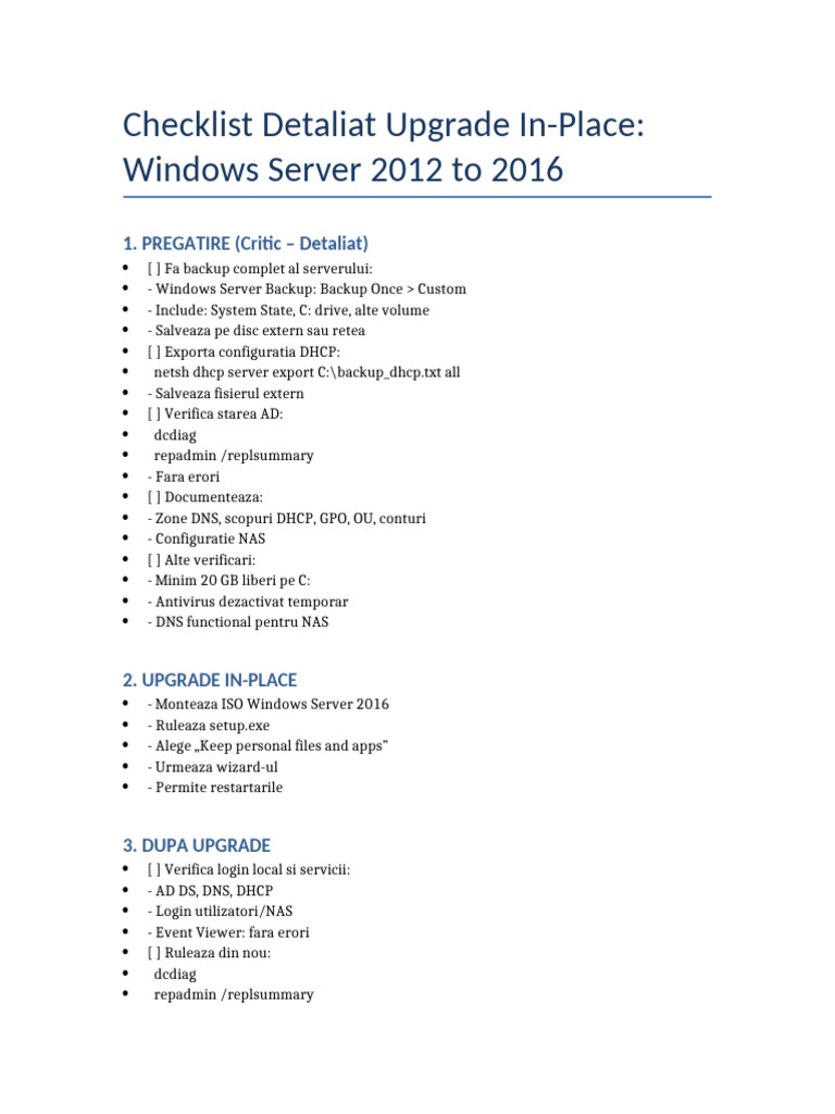 Checklist Upgrade Windows Server 2012 To 2016 | PDF