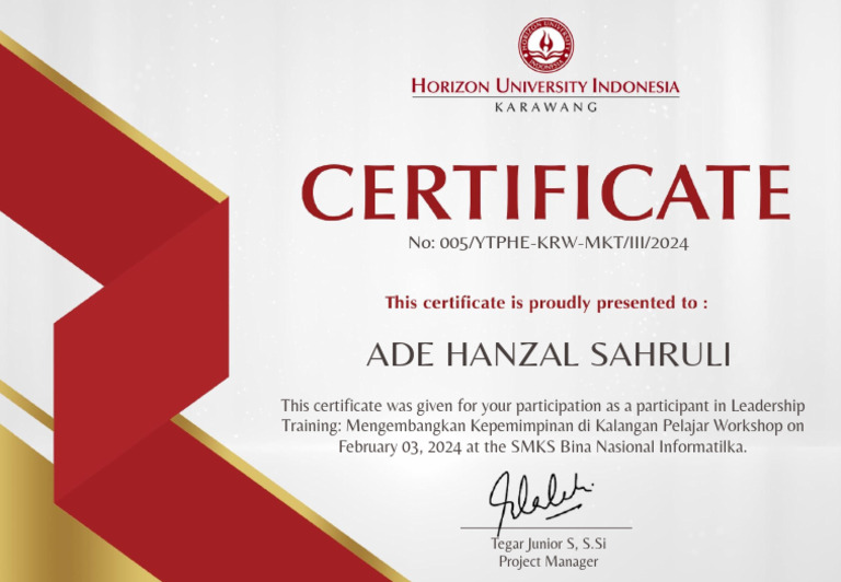 Sertifikat Upskill Training SY2425 ADE HANZAL SAHRULI | PDF