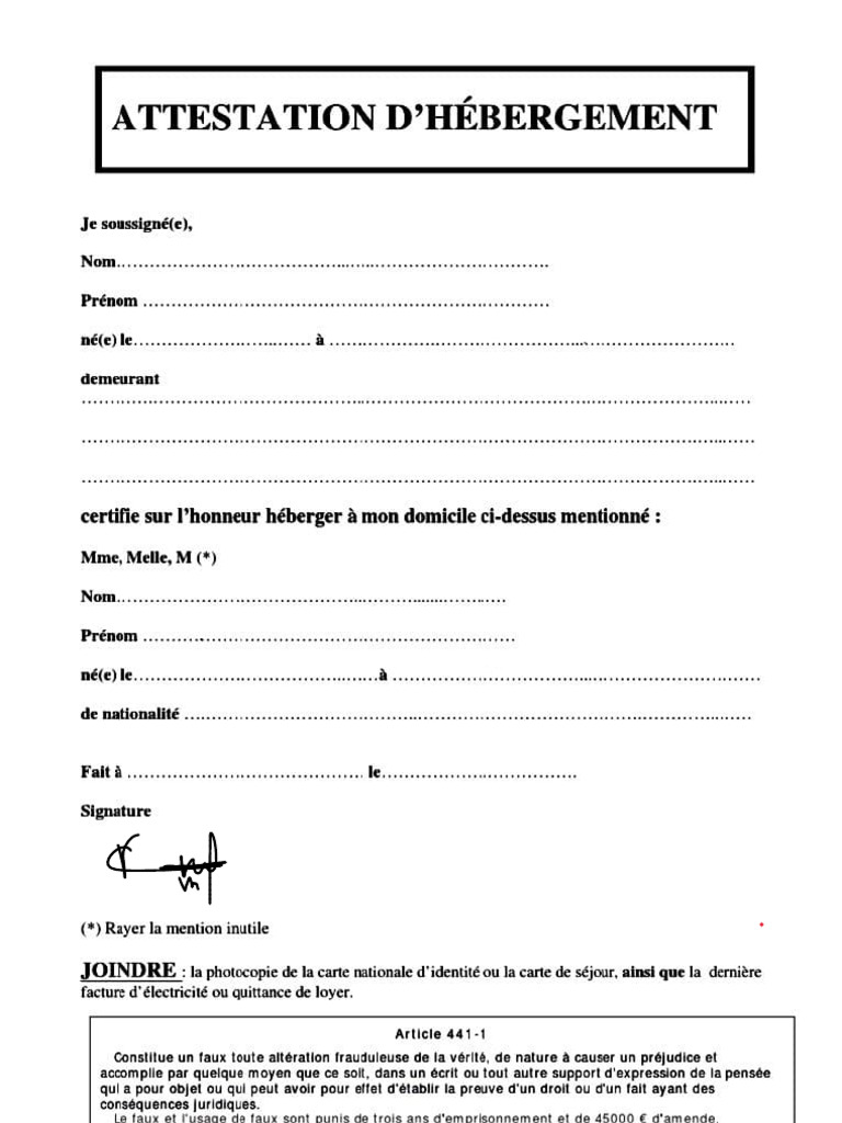 Modèle d'Attestation d'Hébergement | PDF