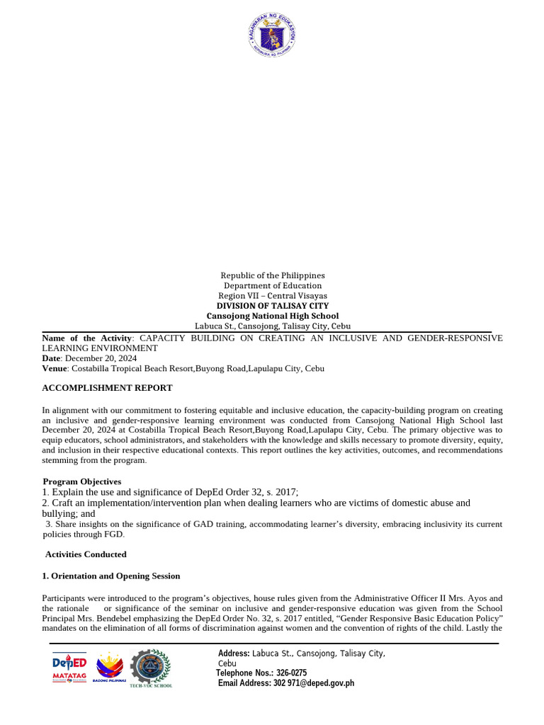 Accomplishment Report GAD | PDF | Inclusion (Education) | Learning