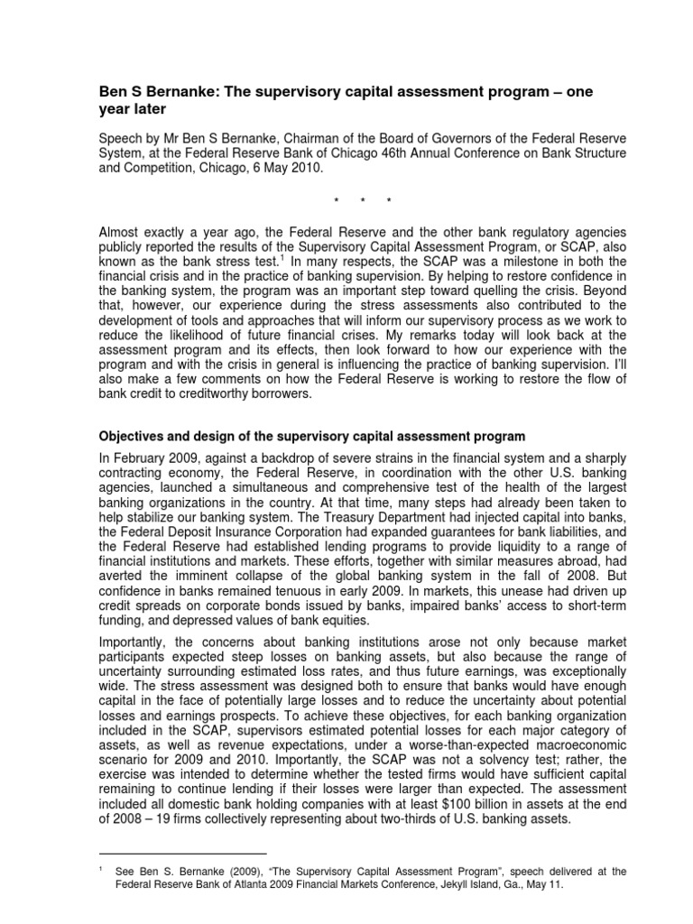 Ben S Bernanke The Supervisory Capital Assessment Program - One Year Later | PDF | Federal ...