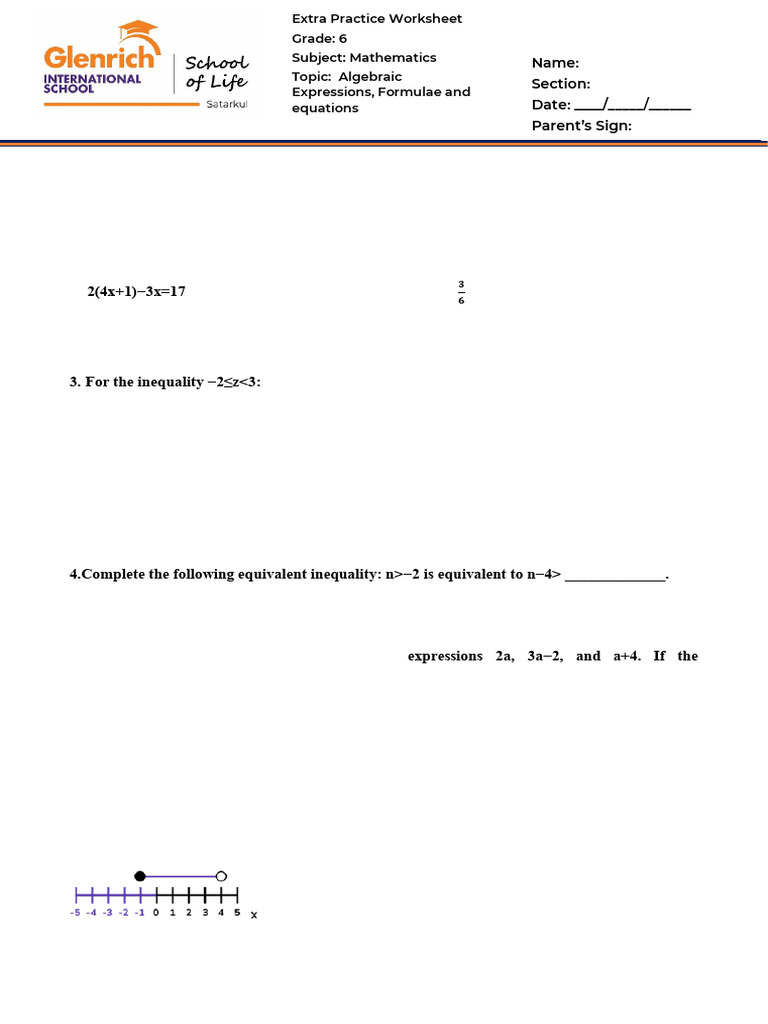 G6 Extra Worksheet On Algebraic Exp, and Eqution, 2024-25 | PDF