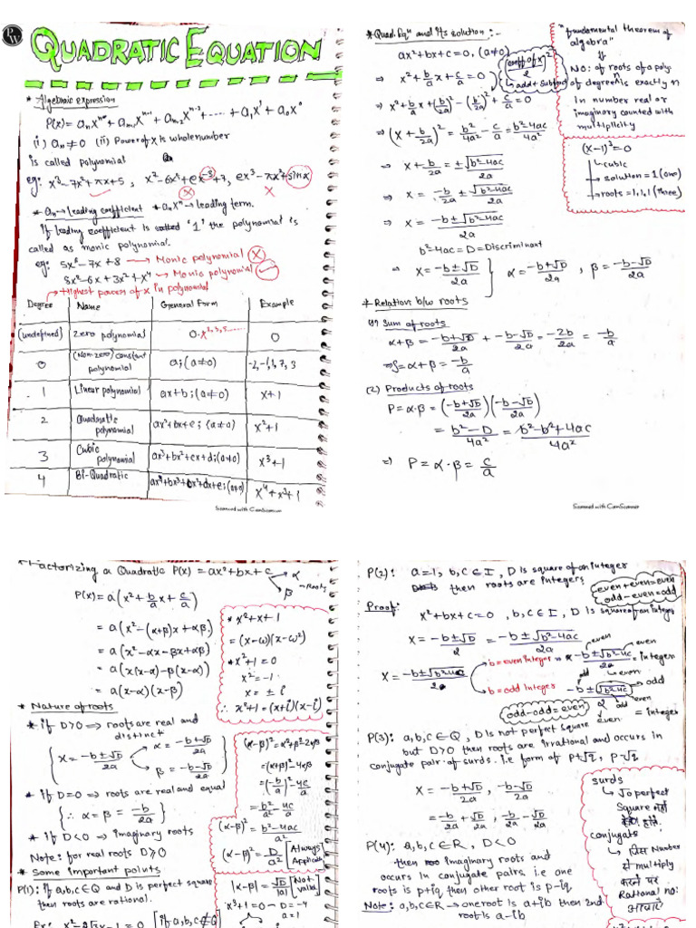 Quadratic Equation _ Handwritten Notes | PDF