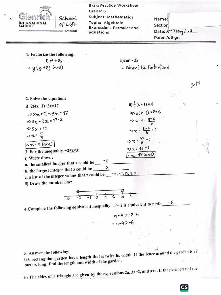 Ans Key Grade6 Extra WS Algebra (Ex, For& Equ) | PDF