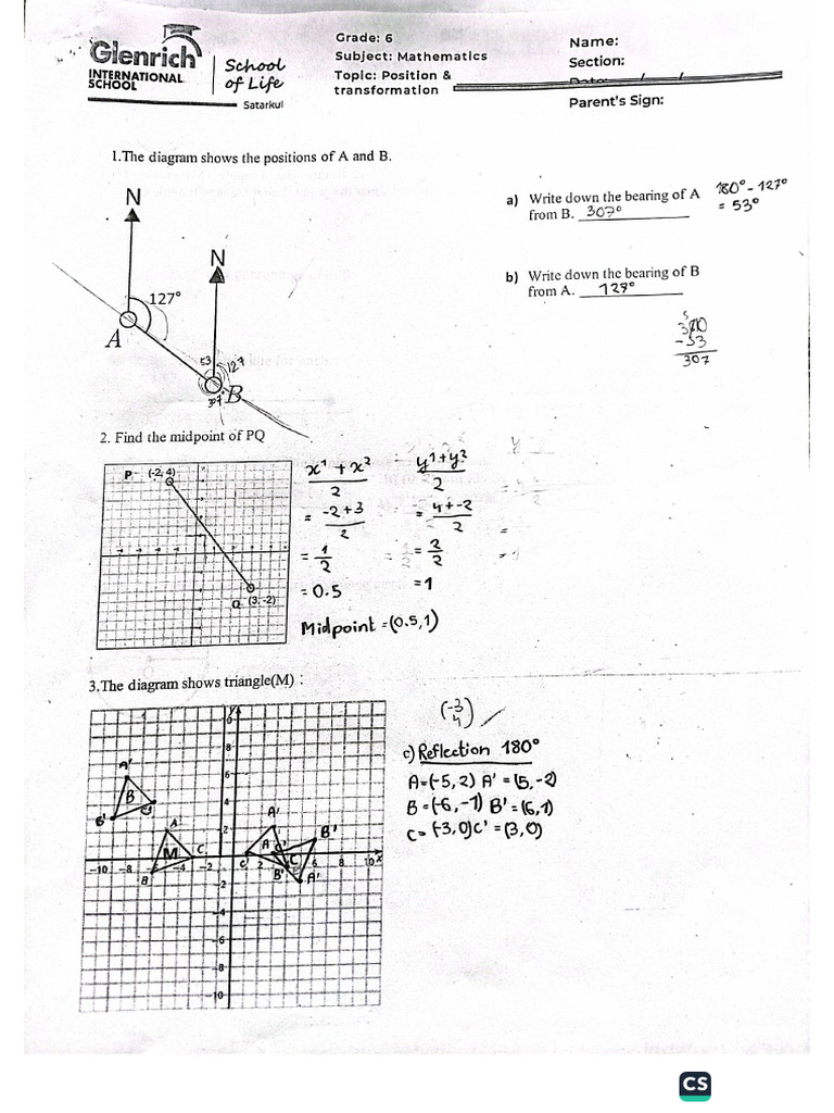 Ans Key Grade6 Rev WS Position & Transformation | PDF