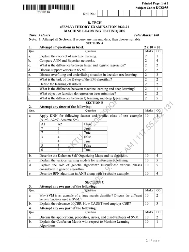 Machine Learning Techniques Kcs 055 2020 2021 1 | PDF