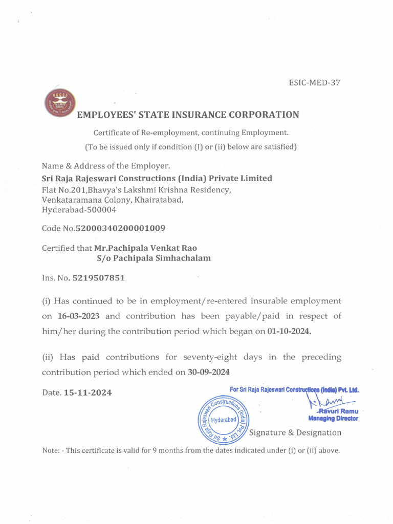 Form 37 - ESI P.venkat Rao | PDF