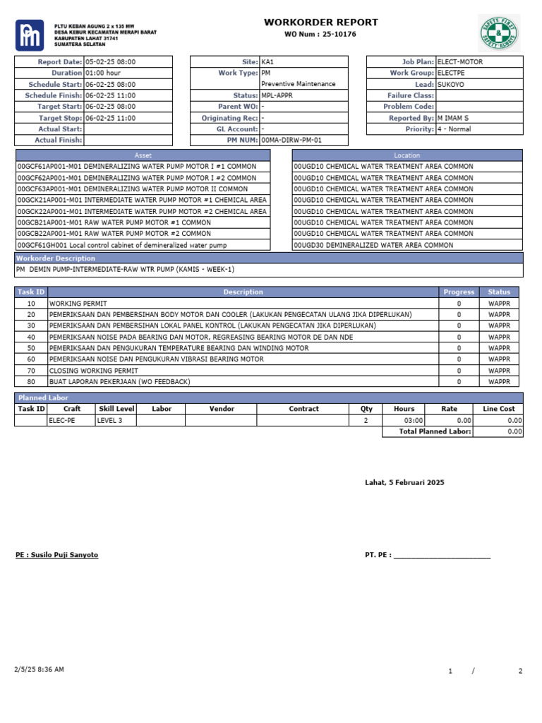 Wo 25-10176 PM Demin Pump-Intermediate-raw WTR Pump (Kamis - Week-1) | PDF | Safety