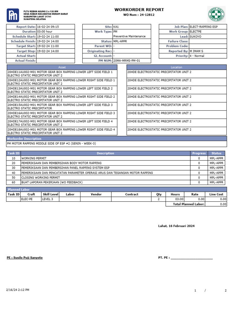Wo 24-12812 PM Motor Rapping Middle Side of Esp #2 (Senin - Week-3) | PDF