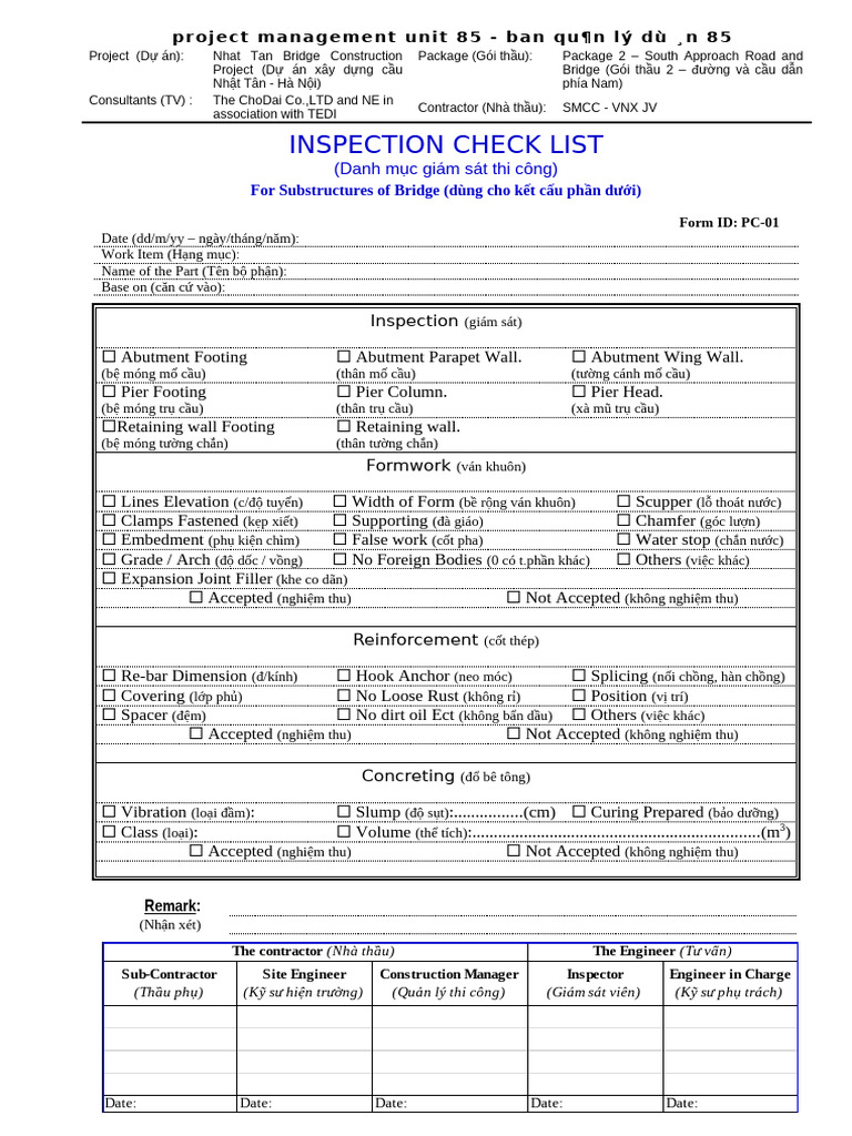 01.PC-01 Inspection Check List | PDF