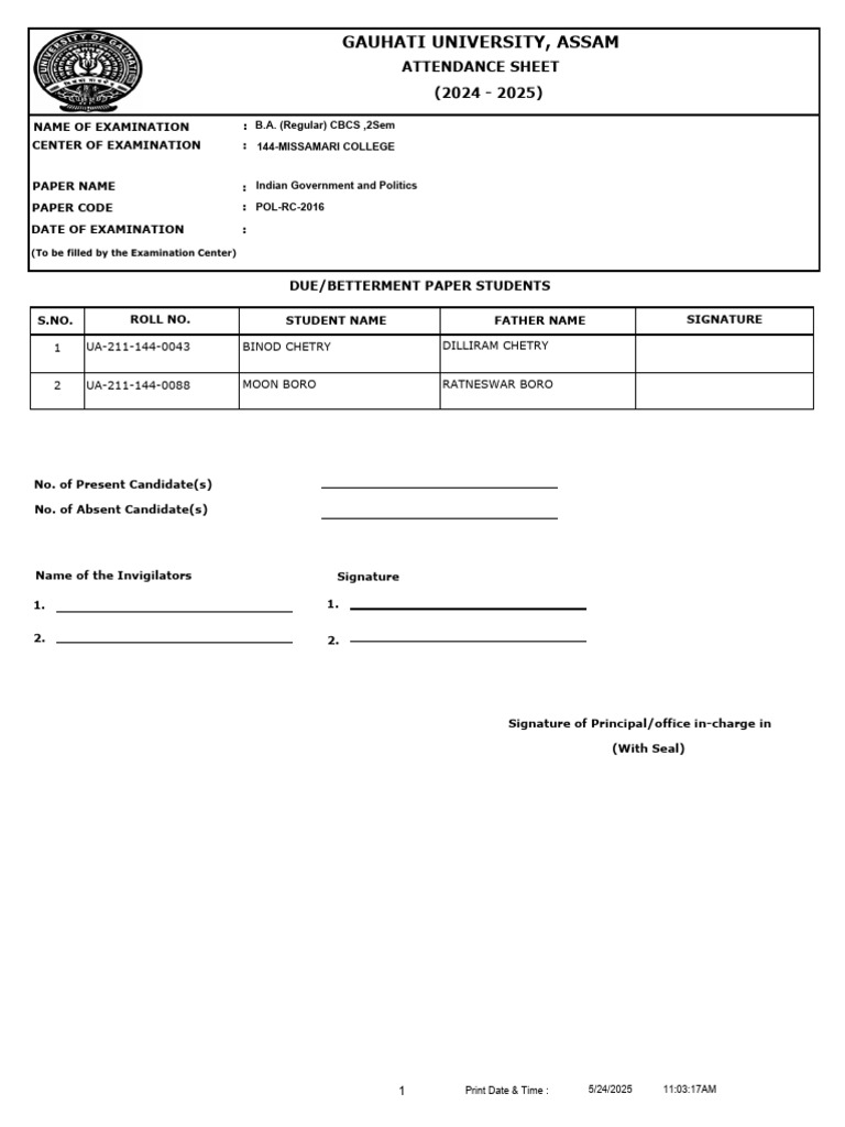 (144 - MISSAMARI COLLEGE) - B.A. (Regular) CBCS IInd Sem - POL-RC-2016-Indian Government and ...