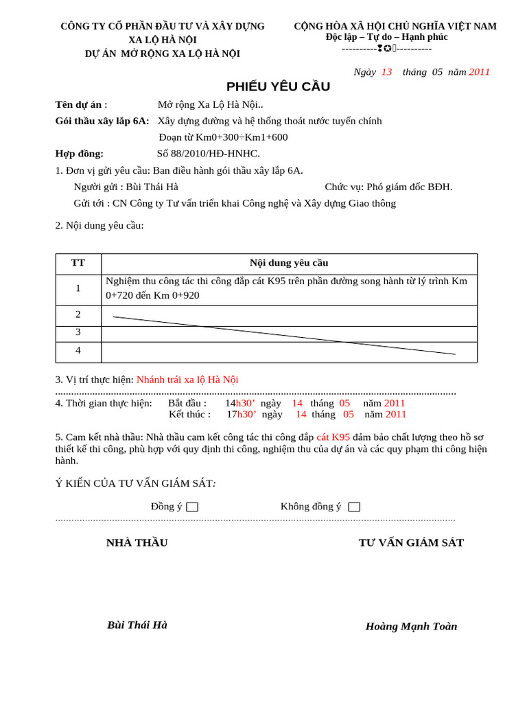 1.phieu yeu cau nghiem thu dap cat K95 | PDF