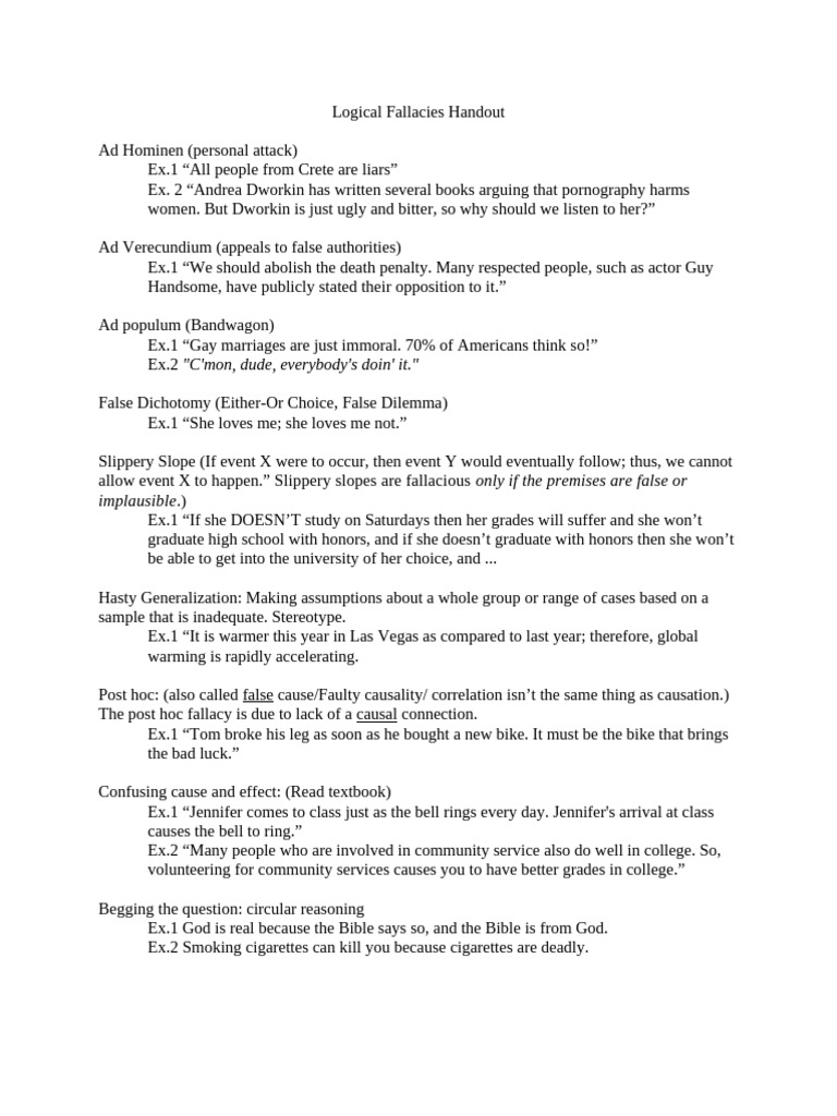 Logical Fallacies Handout | PDF | Fallacy