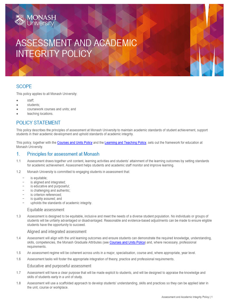 Monash University Assessment Integrity Policy | PDF | Educational ...
