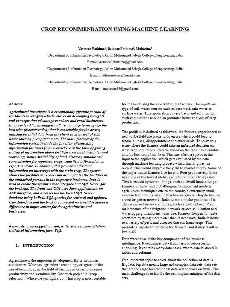 Crop Recommendation Using Machine Learning | PDF | Agriculture | Machine Learning