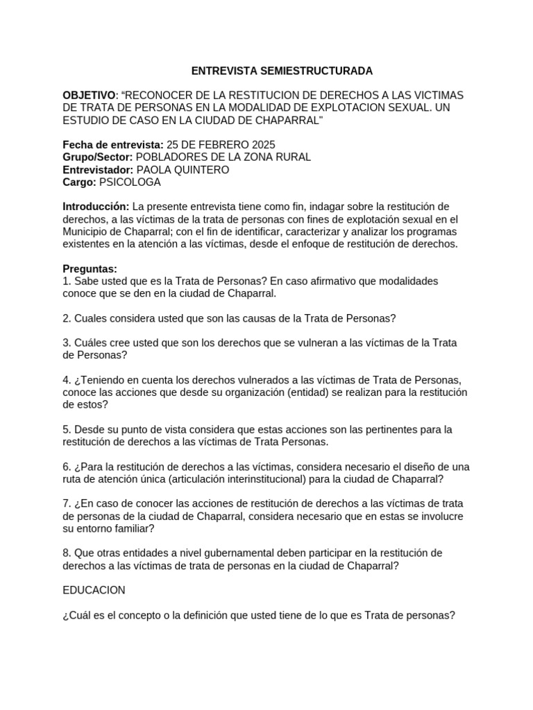 Entrevista Semiestructurada | PDF | Trata de personas | Adquisición (prostitución)