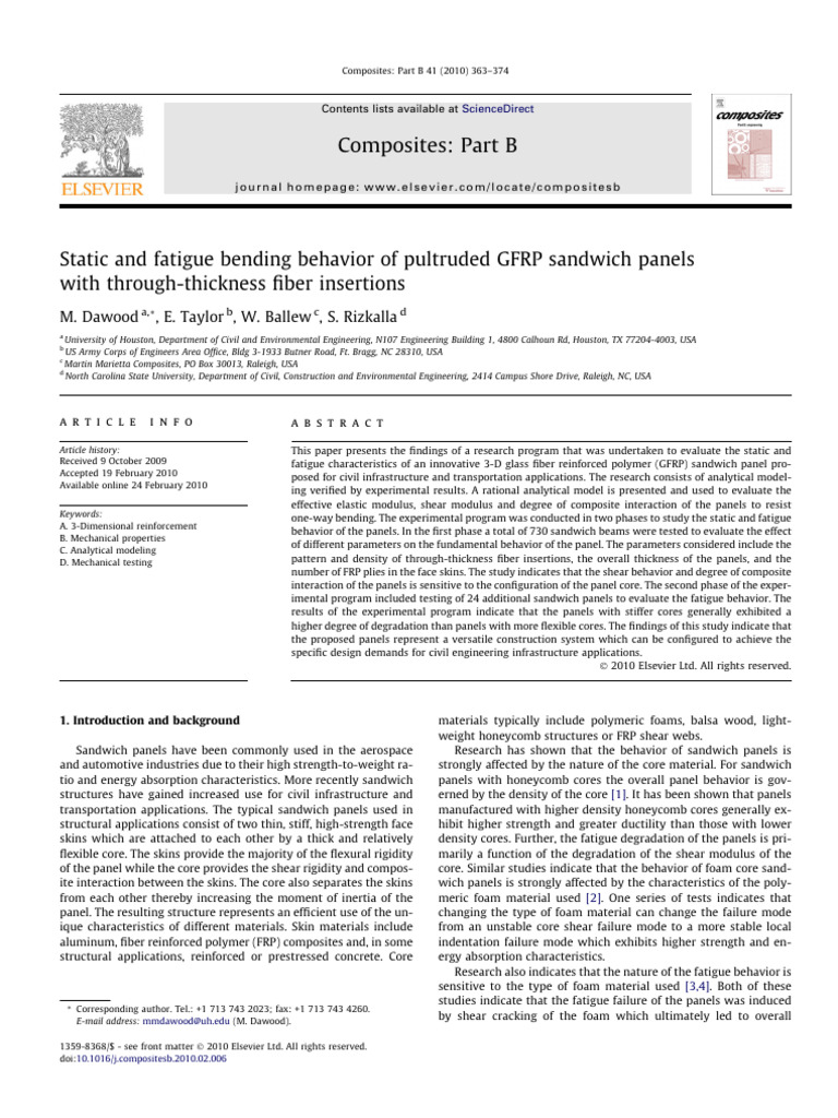 Static and Fatigue Bending Behavior of Pultruded GFRP Sandwich Panels ...