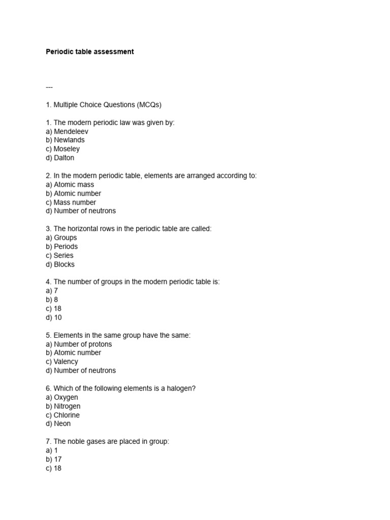 Periodic Table Assessment Quiz | PDF | Periodic Table | Chemical Elements