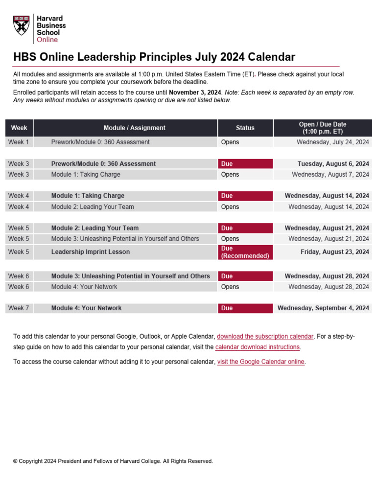 HBS Online Leadership Principles July 2024 Calendar | PDF